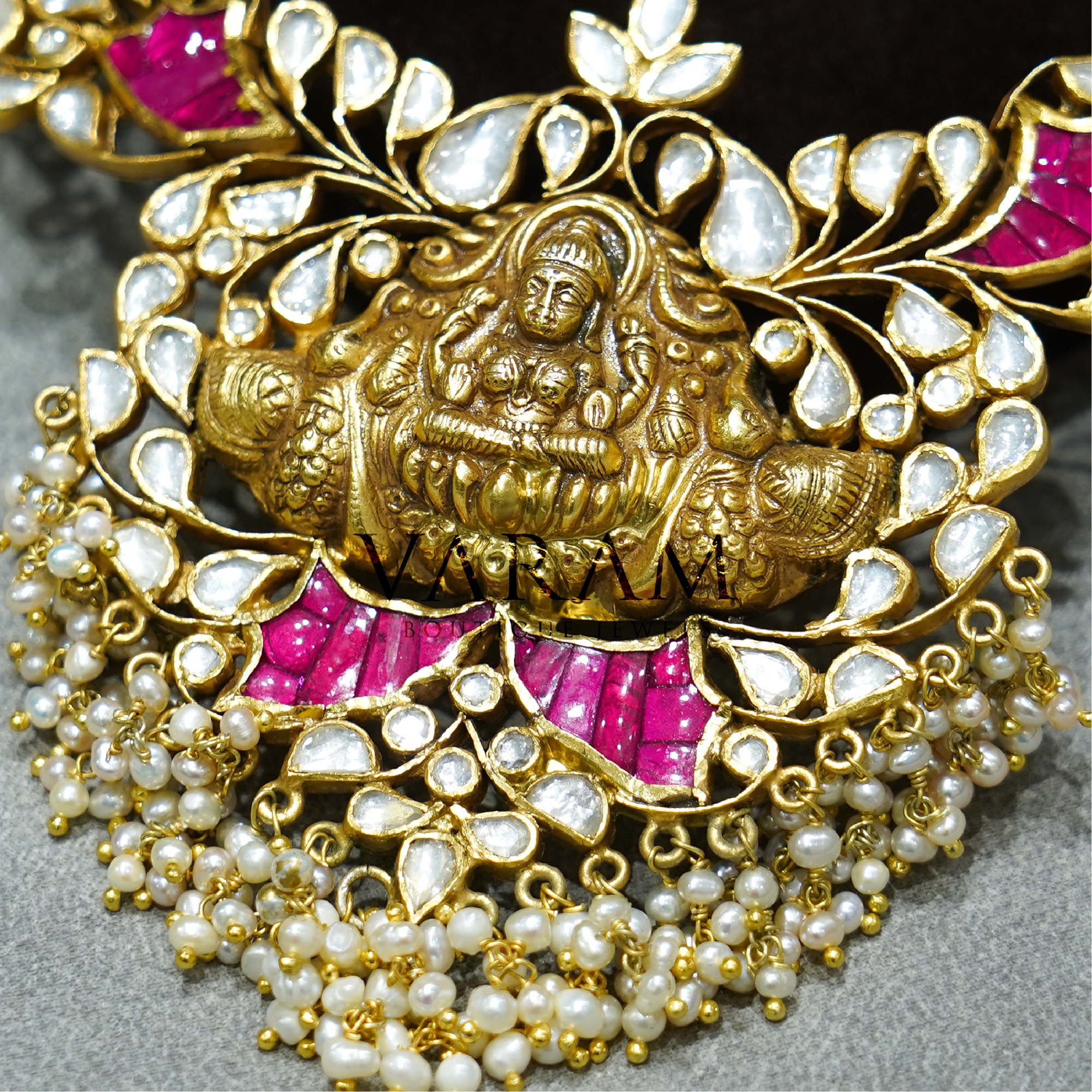 Lord Lakshmi Pink Stone Gold Plated Chain - Varam Jewels